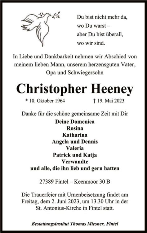 Traueranzeigen Von Christopher Heeney Trauer Kreiszeitung De