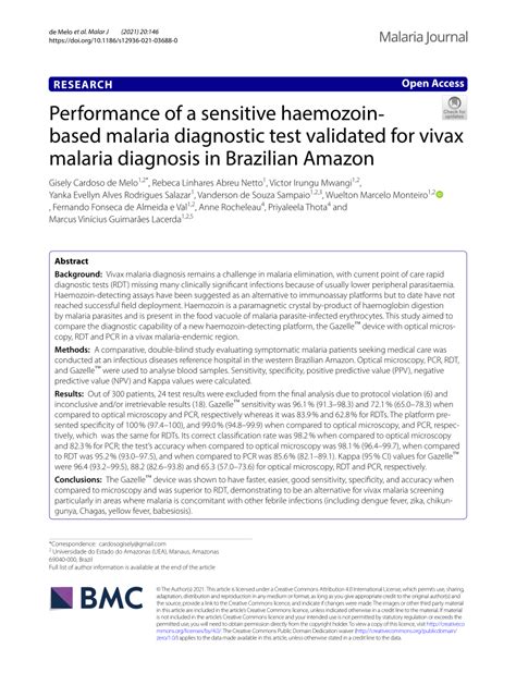 Pdf Performance Of A Sensitive Haemozoin‐based Malaria Diagnostic Test Validated For Vivax