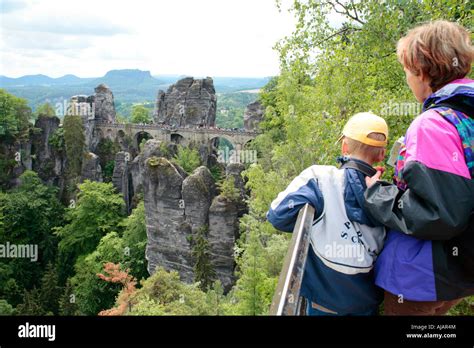 Panoramic View Of The Bastei Bridge At National Park Saxon Switzerland