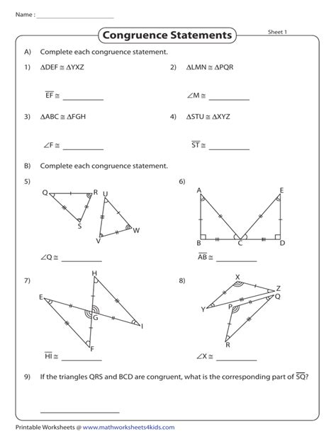 Congruence Statements Worksheet Geometry Practice