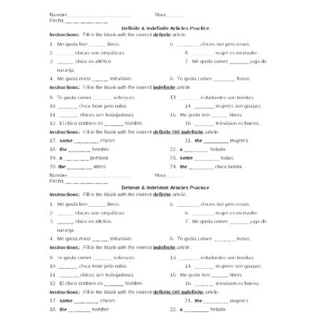 Definite And Indefinite Articles Spanish Worksheet