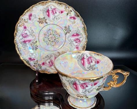 Royal Sealy China Japan Tea Cup And Saucer Set White Lusterware Pink Grey