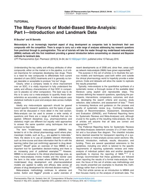 Pdf The Many Flavours Of Model Based Meta Analysis Part I Introduction And Landmark Data