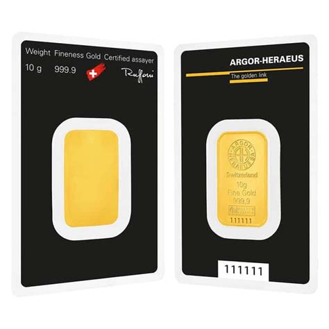 10 Gram Argor Heraeus Gold Bar 9999 Fine In Assay
