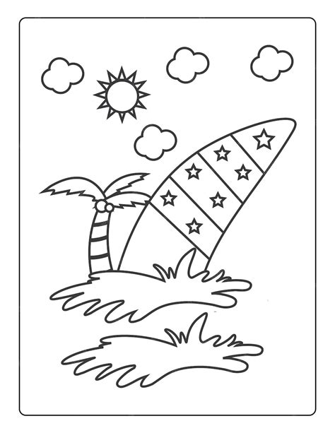 여름 분위기의 태양과 나무 흑백 색칠 공부 책을 가진 아이들을 위한 여름 색칠 공부 페이지 프리미엄 벡터
