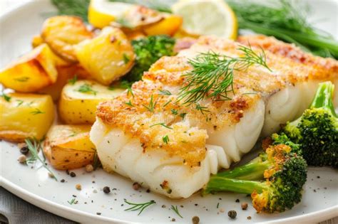 Fried Sea Cod Fillet With Baked Vegetables On White Restaurant Plate