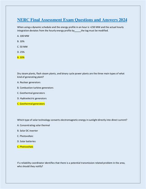 Nerc Final Assessment Exam Questions And Answers 2024 Exams