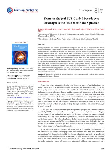 Pdf Transesophageal Eus Guided Pseudocyst Drainage Is The Juice