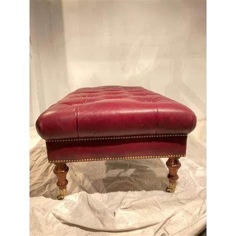 Edward Ferrell Tufted Red Leather Ottoman On Brass Casters Chairish