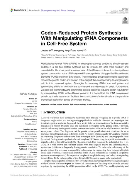Pdf Codon Reduced Protein Synthesis With Manipulating Trna Components In Cell Free System