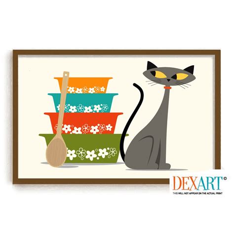 Mid Century Modern Kitchen Wall Art Gray Cat Art Print Colorful Glass