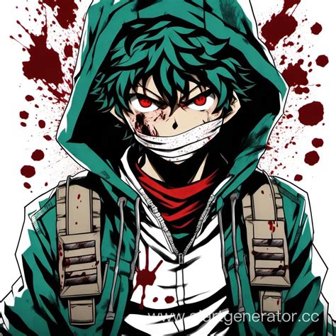 Izuku Midoriya With Freckles And Red Eyes In Bulletproof Vest Hood And