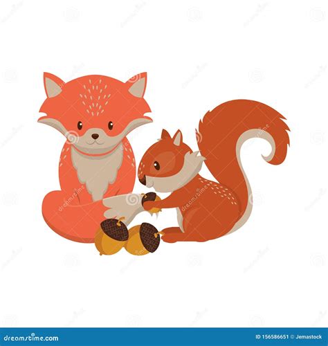 Cute Fox And Squirrel With Nuts Cartoons Stock Vector Illustration Of