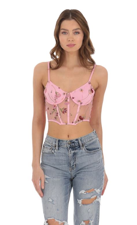 Floral Mesh Crop Top In Pink Lucy In The Sky