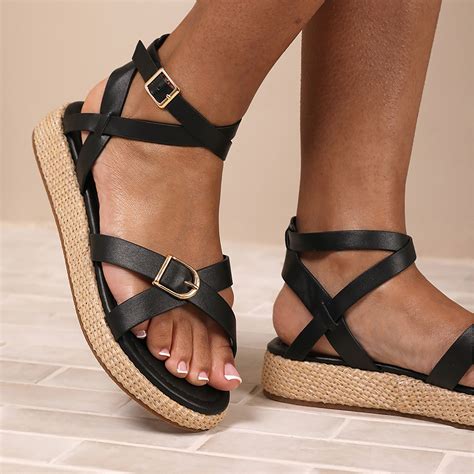 Wheres That From Black Pu Alora Cross Over Buckle Strap Sandals