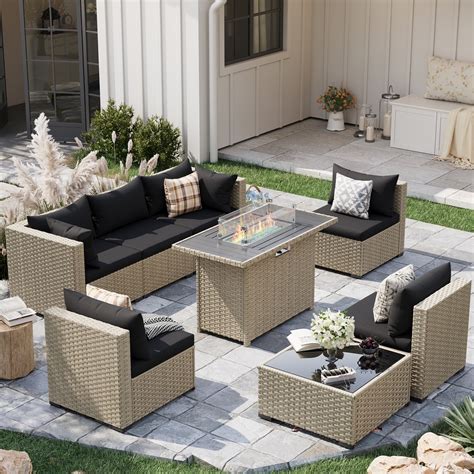 Poteban Outdoor Patio Furniture Set With Fire Pit Table 8 Piece Outdoor Sectional Sofas All
