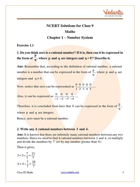 Ncert Solutions Class 9 Maths Chapter 1 Number System Pdf Numbers