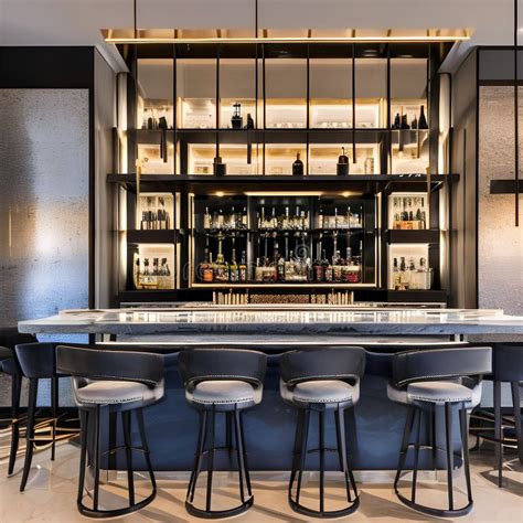 A Stylish Cocktail Bar With A Marble Countertop Sleek Bar Stools And
