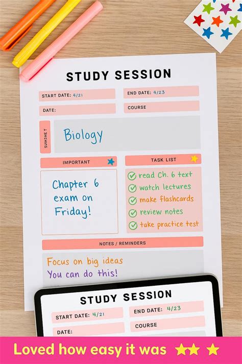 Study Session Planner Printable Student Organization Template Pdf