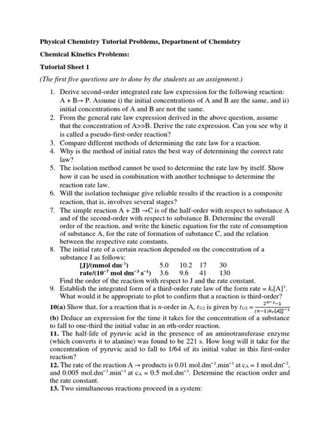 Kinetics And Photochemistry Tutorial Problems Pdf Chemical Kinetics