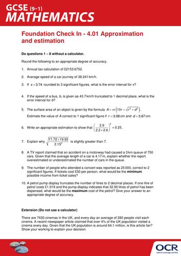 Ocr Maths Foundation Gcse Check In Test 401 Approximation And