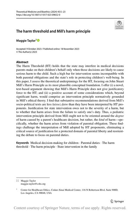 Pdf The Harm Threshold And Mills Harm Principle