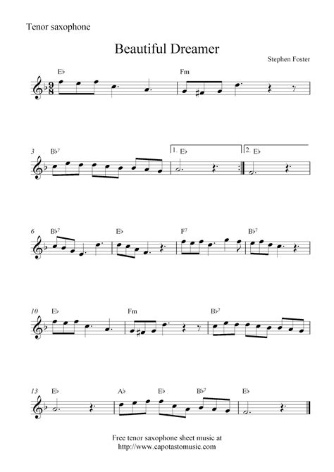 Beautiful Dreamer Free Tenor Saxophone Sheet Music Notes