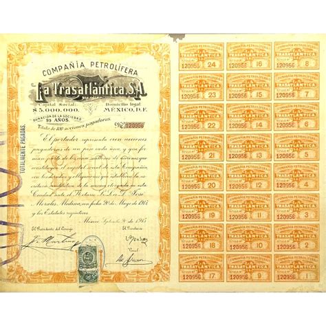 Antique And Very Rare Mexican Bearer Share Certificate 120956 “ Co