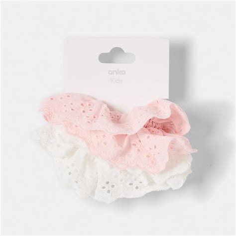2 Pack Broderie Hair Scrunchies White And Pink Kmart