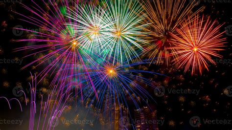 Colourful New Years Fireworks Display Lighting Up The Night Sky