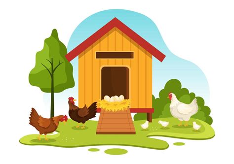 Poultry Farming With Farmer Cage Chicken And Egg Farm On Green Field