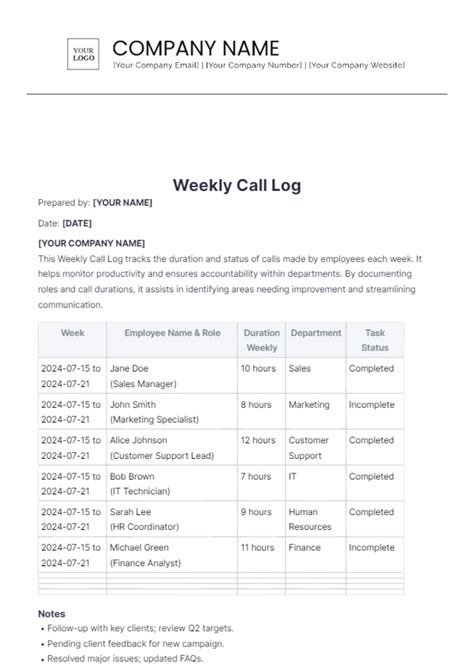 Free Weekly Call Log Template To Edit Online