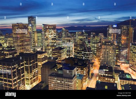Aerial View Of Downtown At Night Vancouver British Columbia Canada
