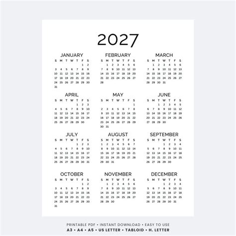 2027 Yearly Calendar Printable One Page Full Year At A Glance