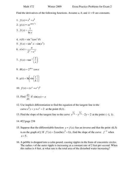 Exam 2 Find Derivatives Calculus I Math 172 Docsity