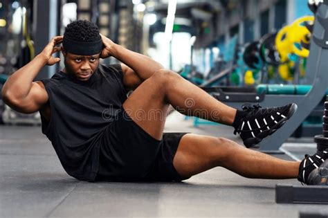 Black Guy Sportsman Doing Abs On Floor In Gym Stock Image Image Of