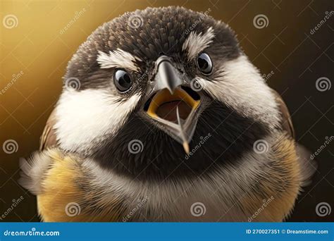 Portrait Of Chickadee Close Up Shouts Directly Into The Camera Stock