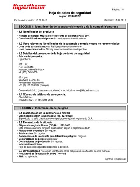 Hypertherm 30pg Torch Coolant Additive Msds P N 028872 Pdf Agua