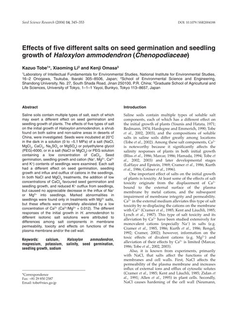 Pdf Effects Of Five Different Salts On Seed Germination And Seedling Growth Of Haloxylon