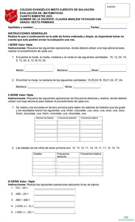 Examén De Matemáticas Ficha Interactiva Topworksheets