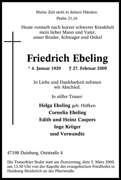 Traueranzeigen Von Friedrich Ebeling Trauer In Nrw De