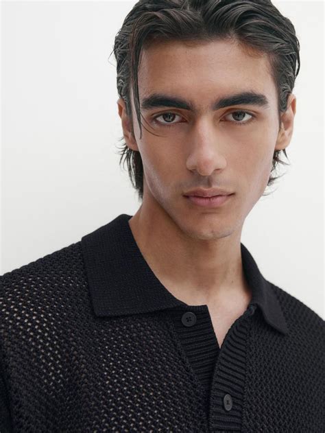 Polo Massimo Dutti Textured Short Sleeve Sweater Men Black Massimo