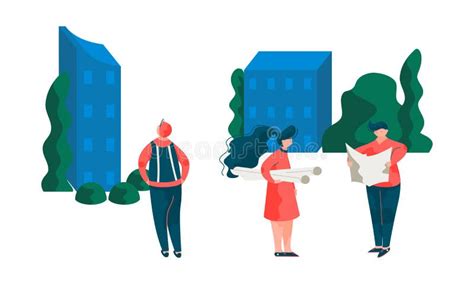 Man And Woman Architect Designing Project And Blueprint For Building Construction Vector Set