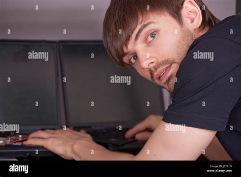 Programmer Expert Technician Working Laptops Computers Computer Man Service Stock Photo Alamy