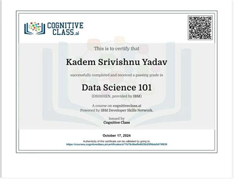 Srivishnu Kadem On Linkedin Datascience Cognitiveclass Ibm Learning Certification Growth