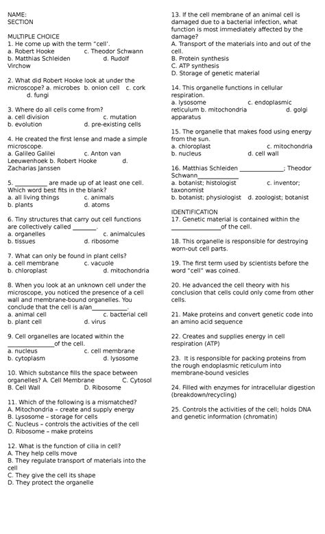 Bio1 Quiz Cell Structure And Function Multiple Choice Questions Studocu