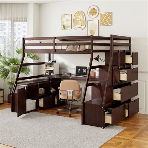 Harper And Bright Designs Espresso Full Size Loft Bed With Built In Desk