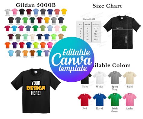 Editable Gildan 5000b Color Chart And Size Chart Canva Template G500b