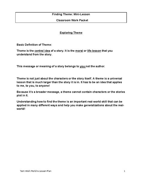 Mini Lesson Tom Wall Perkins Lesson Plan 1 Finding Theme Mini