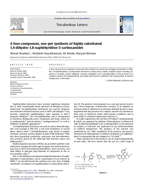 Pdf A Four Component One Pot Synthesis Of Highly Substituted 14